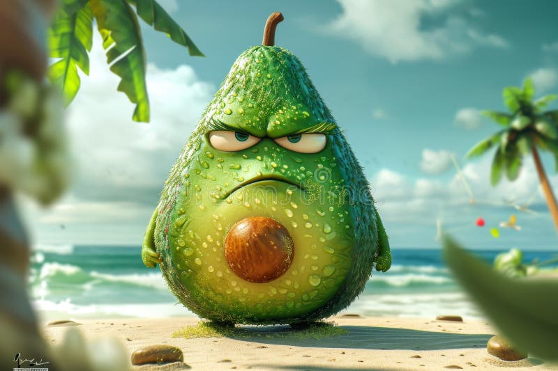 The Evil Avocado Supervillain Standing on a Tropical Beach, 3D ...
