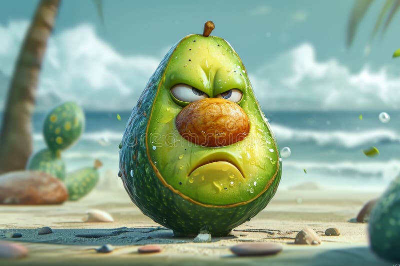 The Evil Avocado Supervillain Standing on a Tropical Beach, 3D ...