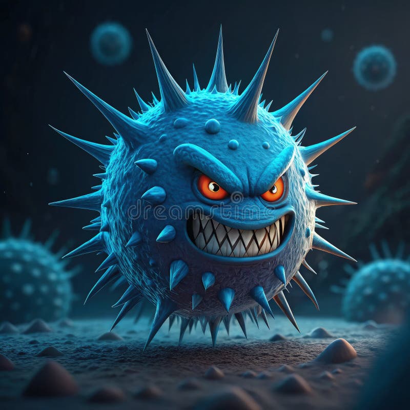 Evil Blue Spiky Virus with Angry Expression in Dark Environment ...