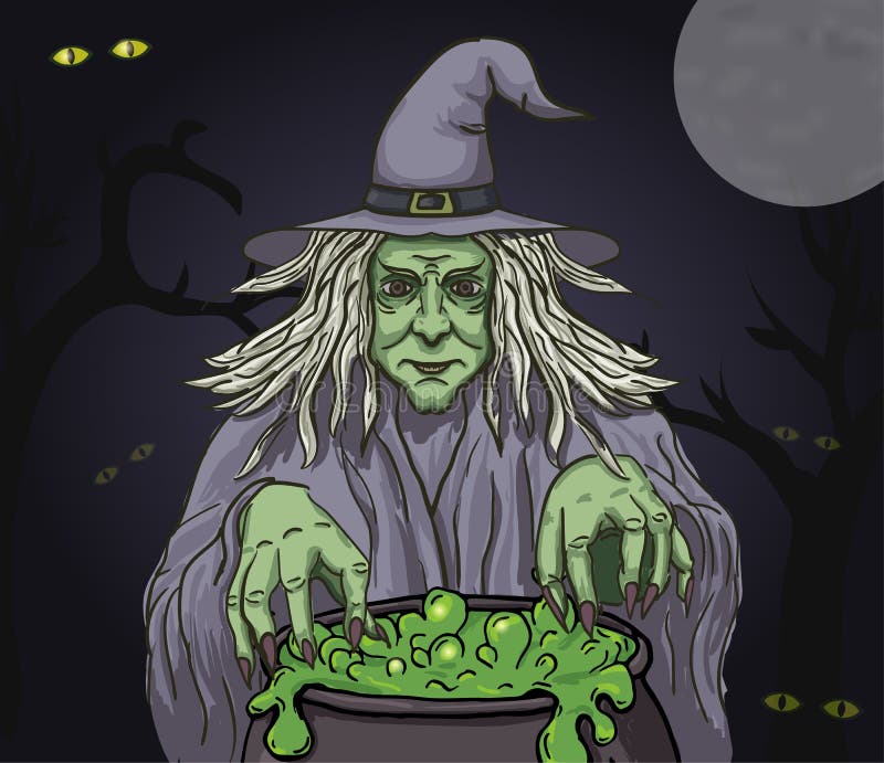 Evil Cartoon Witch with Cauldron. Vector Clip Art Illustration Stock ...