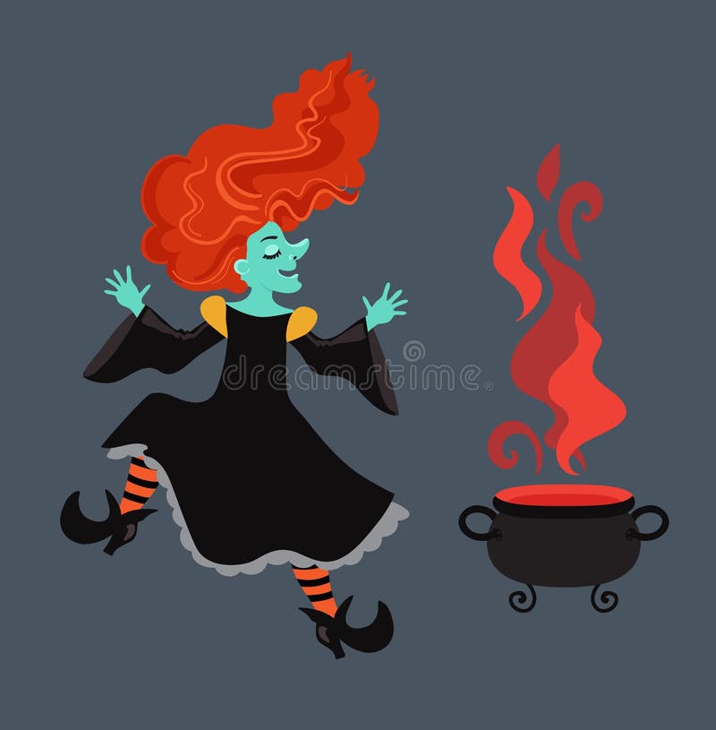 Red-haired Witch in Black Dress and Cloak . Stock Vector - Illustration ...