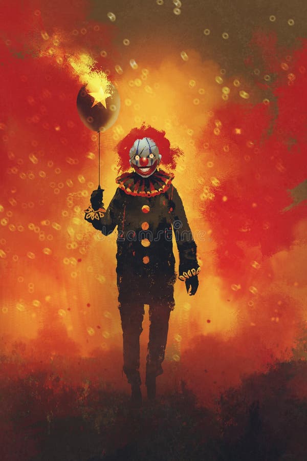Evil Clown Standing with a Balloon on Fire Background Stock ... Evil Clown Standing with a Balloon on Fire Background Stock ...