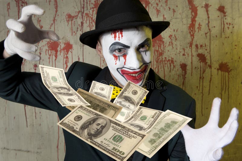 Evil clown throwing dollar stock image. Image of clown - 90477905