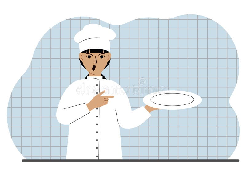 Evil Cook in a Cap Holds an Empty Plate in His Palm. Vector Stock ...