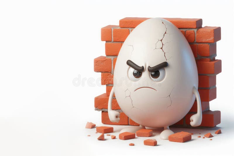 An Evil Egg with Cracks Stands by a Destroyed Brick Wall. Space for ...