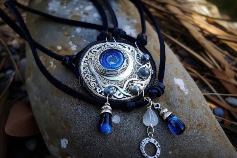 Evil Eye Amulet, with Crystals and Charms Hanging from Leather Cord ...