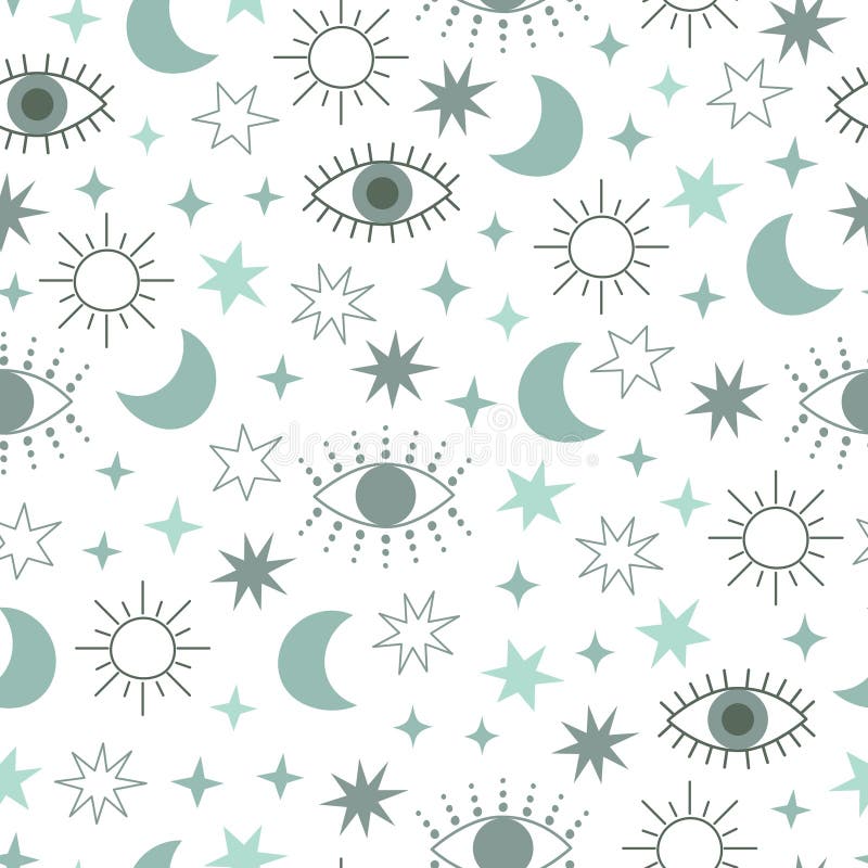 Evil Eye Celestial Seamless Pattern with Stars, Moon and Sun. Blue ...