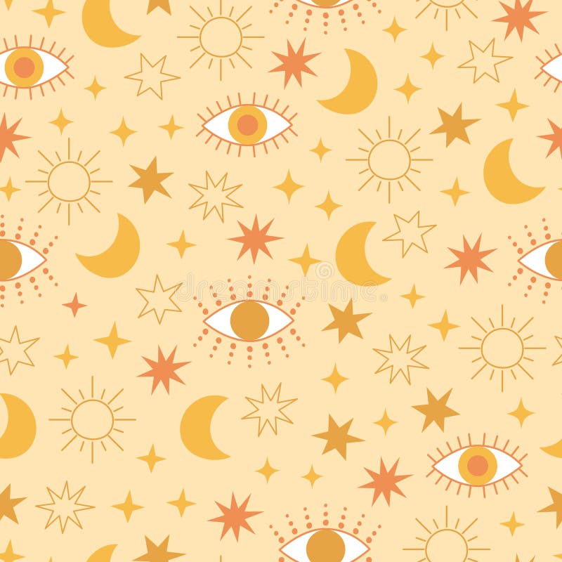 Evil Eye Celestial Seamless Pattern with Stars, Moon and Sun. Pastel ...