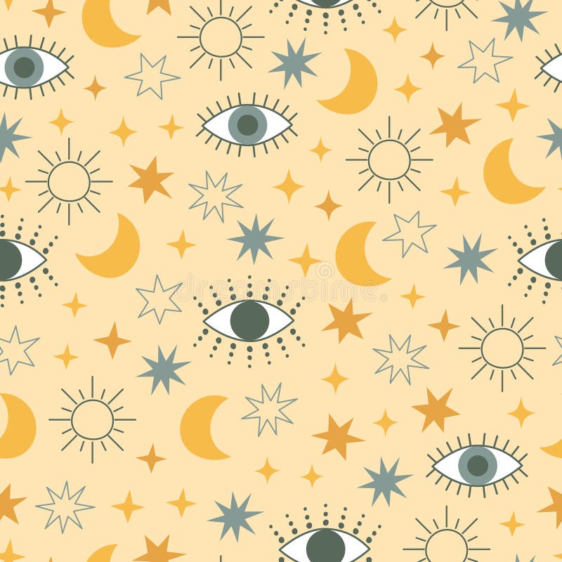 Evil Eye Celestial Seamless Pattern with Stars, Moon and Sun. Yellow ...