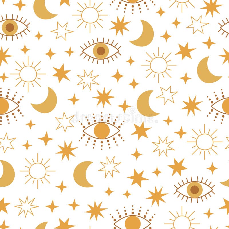 Evil Eye Celestial Seamless Pattern with Stars, Moon and Sun. Yellow ...