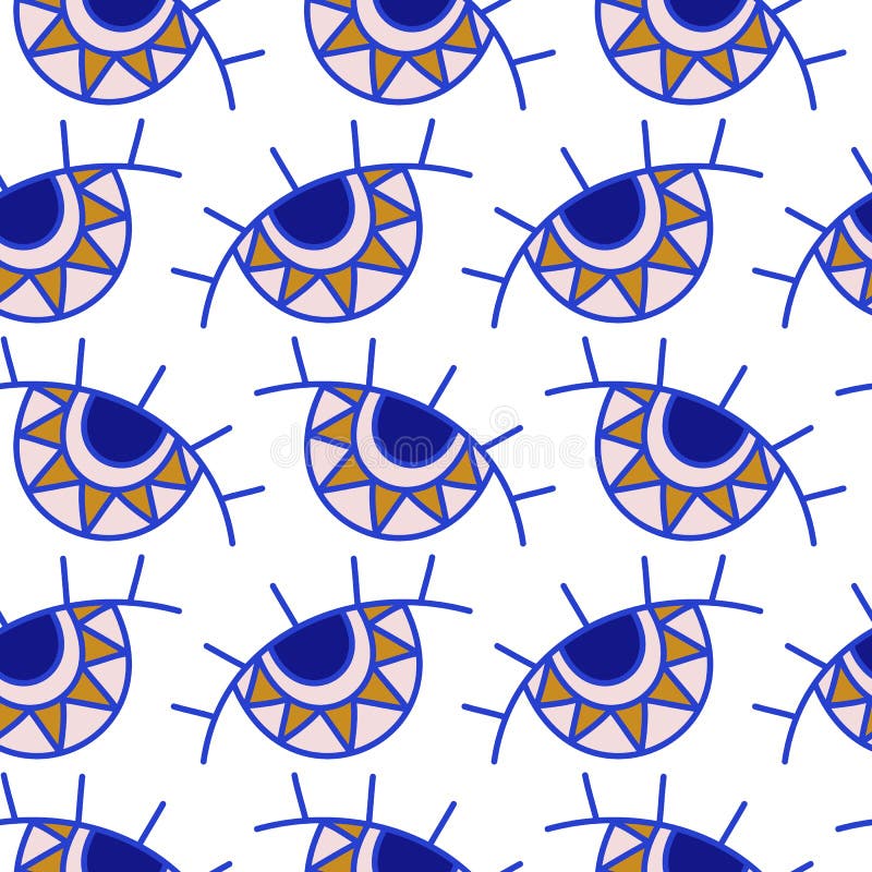 Evil Eyes Seamless Pattern in Blue, White, Golden Colors Stock ...