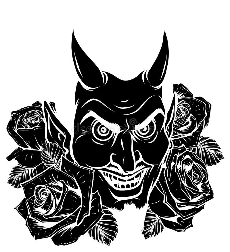 Evil Face with Red Roses. Black Silhouette Illustration Vector Image ...