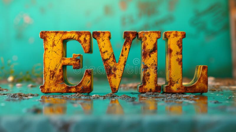 EVIL Metal Text with Reflections on Turquoise Backdrop Stock Image ...