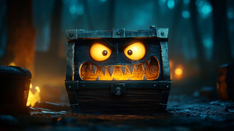 Evil Mimic Treasure Chest with Sharp Teeth in Dark Forest at Night ...