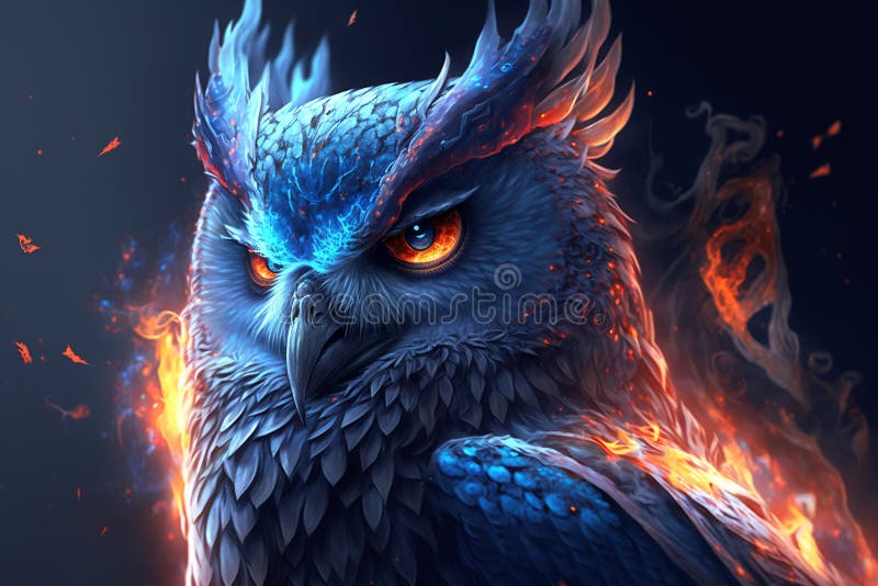 Evil Owl in Red Blue Flames, Fantasy, Generative AI Stock Illustration ...