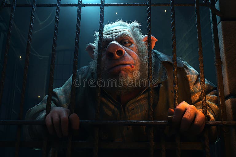 Evil Pig-looking Criminal Behind Bars in a Prison Cell, Generative Ai ...