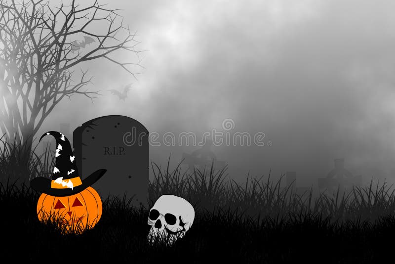 Evil Pumpkin and Skull on Graveyard in Scary Night Stock Illustration ...