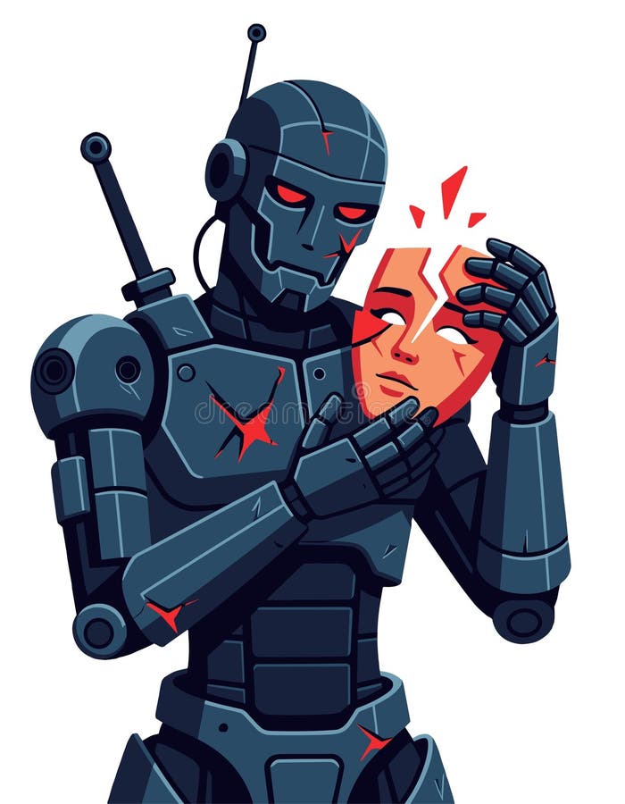 Evil Robot Holding Broken Human Mask Android Deception AI Future Concept Stock Photo ...