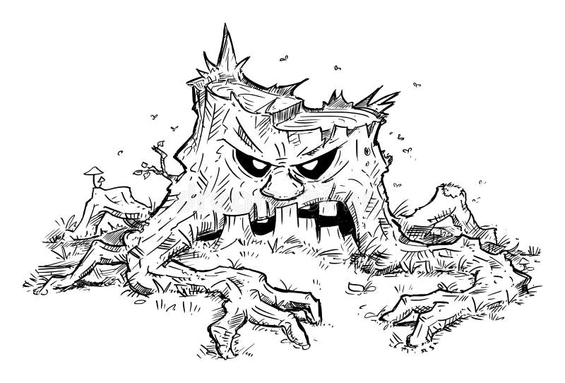 Evil Tree Stump, Fantasy or Magic Forest, Vector Cartoon Drawing or ...