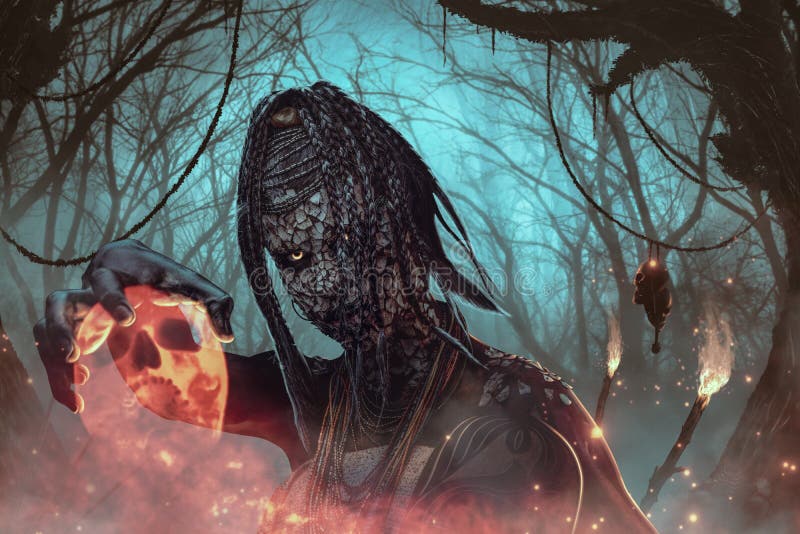 Evil Voodoo Sorcerer Casting Curse Against Dark Wood Stock Photo ...