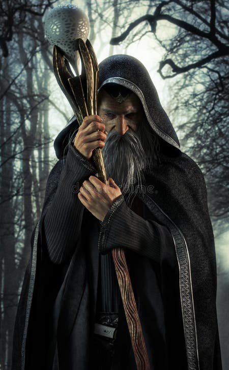 Evil Warlock Posing in an Enchanted Dark Forest. Stock Illustration ...