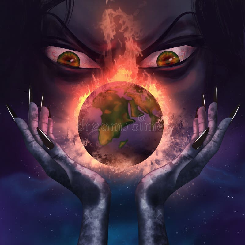Evil Witch Holding a Burning Planet. Stock Illustration - Illustration ...