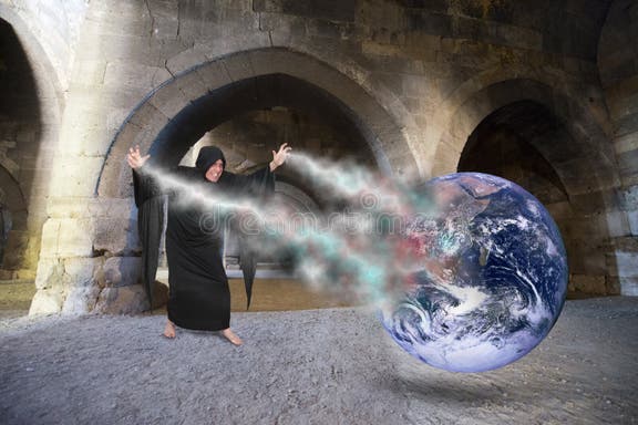 Evil Wizard Cast Spell, Creates World Apocalypse, Doomsday Stock Image ...