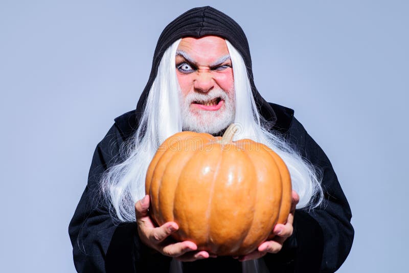 Evil Wizard with Orange Pumpkin. Devil Vampire Man. Halloween Demon ...