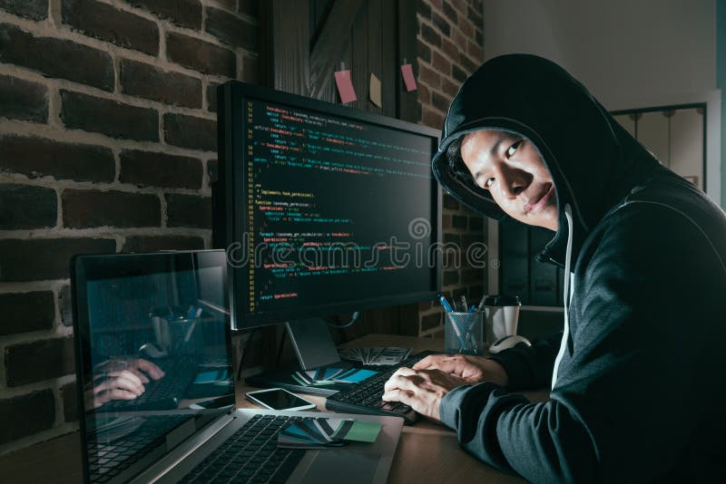 Evil Hacker Holding Cash Banknote Cover Face Stock Image - Image of ...