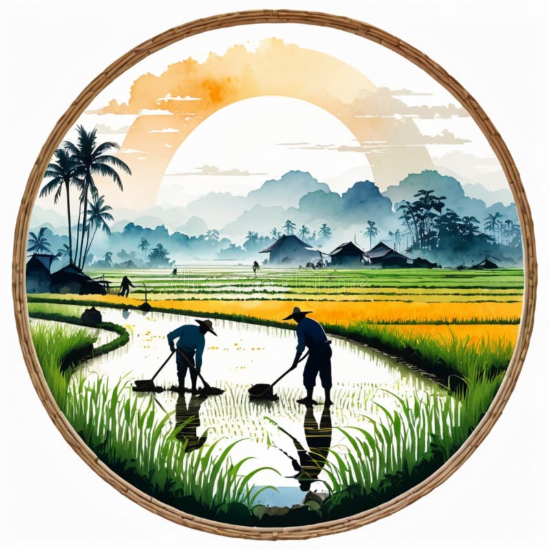 Early Rays: Farmers Tilling the Land Stock Illustration - Illustration ...