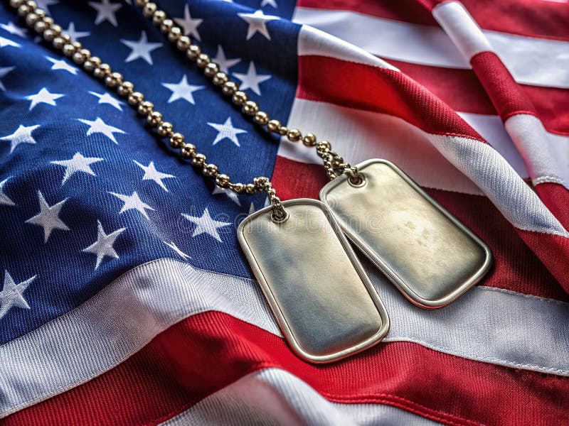 A Timeless Tribute Worn Military Dog Tags on a Waving American Flag ...
