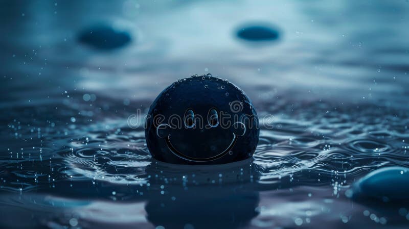 Reflective Smile Emoji Ball Amidst a Serene Water Scene with Raindrops ...