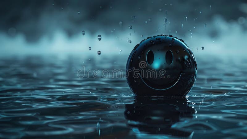 Reflective Smile Emoji Ball Amidst a Serene Water Scene with Raindrops ...