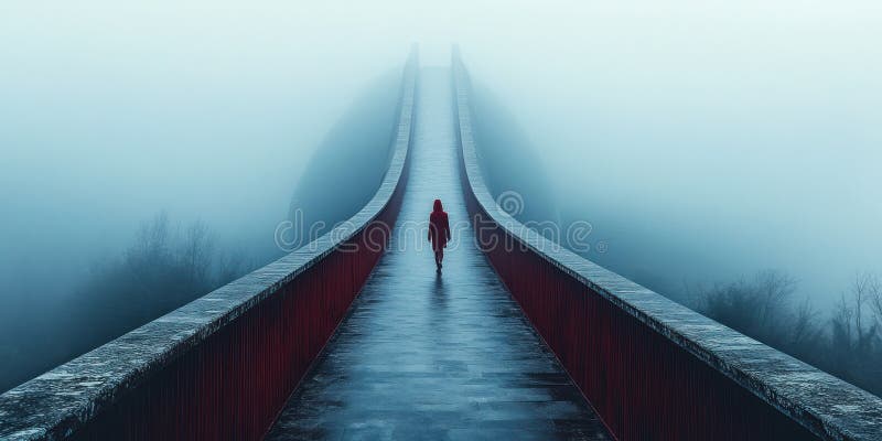 Solitude: a Thin Red Figure on a Misty Bridge - Stock Illustration ...