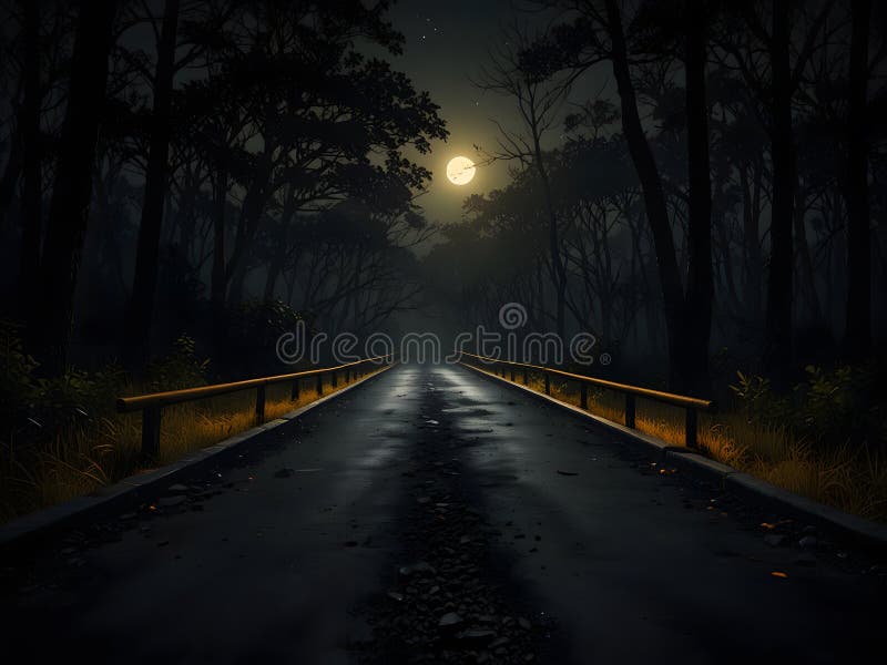 Dark Night Road with Trees and Moonlit Sky Created by AI Stock Photo ...