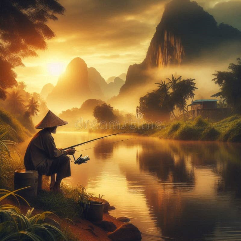 Sunset Serenity: a Fisherman S Contemplation by the Riverside Stock ...