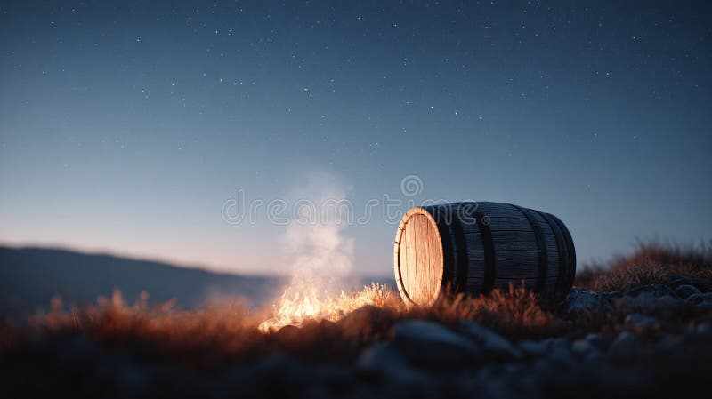 Evocative Image Featuring a Wooden Barrel beside a Small Fire Under a ...