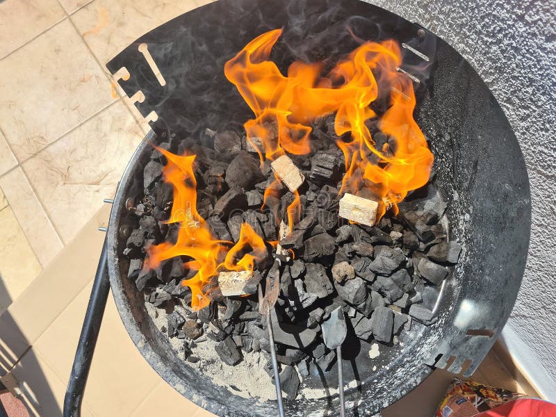 Ignition of Coal for the Barbeque Stock Photo - Image of foods ...