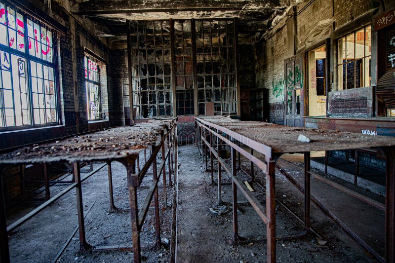 Rusty Workbenches in Abandoned Industrial Classroom – Urban Decay ...