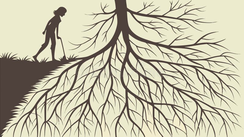 Figure on Hill with Abstract Tree Roots Growth, Vector Design ...