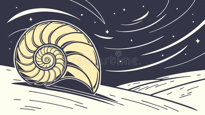 Nautilus Shell on Dark Terrain with Swirling Sky, Vector Design ...