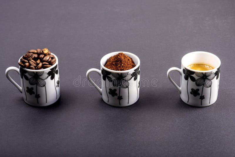 The Evolution of Coffee. Coffee Beans, Ground Coffee and Cup of ...