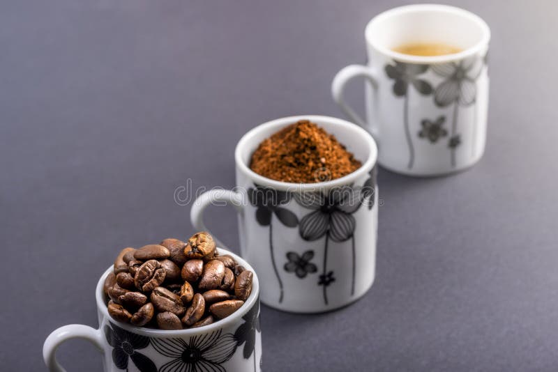 The Evolution of Coffee. Coffee Beans, Ground Coffee and Cup of ...