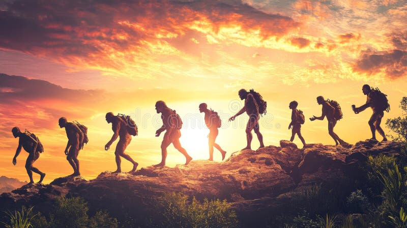 Evolution of Humans Depicted through Silhouettes at Sunset Stock Photo ...