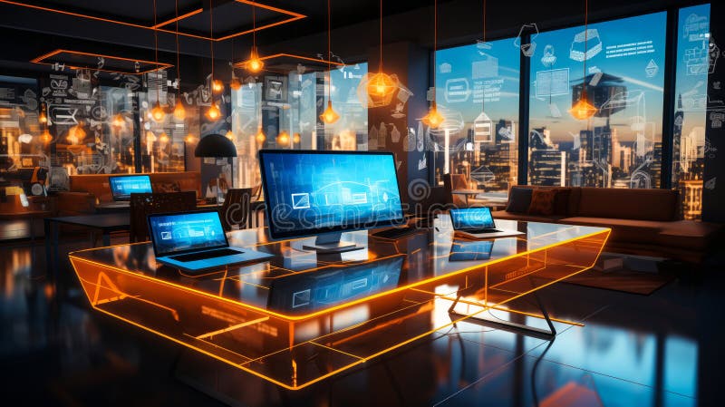 The Evolution of Work Traditional Files To Holographic Screens in Office Stock Illustration ...