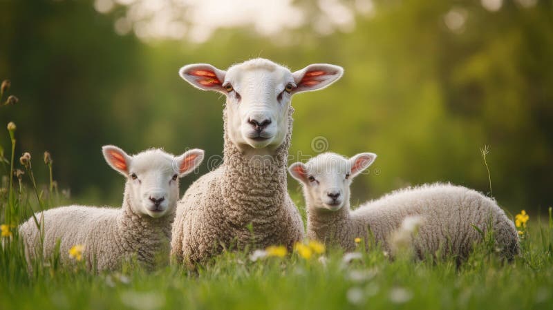 Ewe and Two Lambs in a Lush Green Meadow Stock Illustration ...