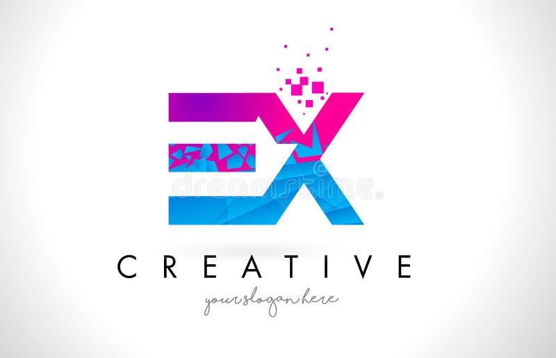 EX E X Letter Logo with Shattered Broken Blue Pink Texture Design ...