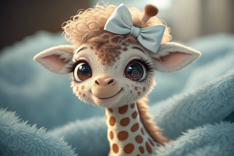 Exaggerated Closeup of a Cute, Fluffy Giraffe with Large Expressive ...