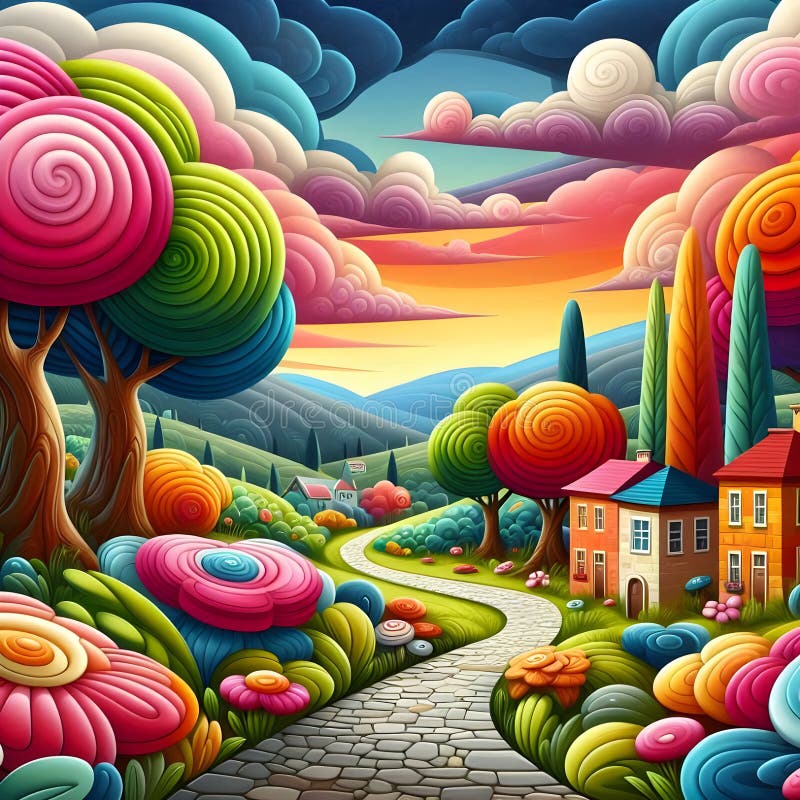 Exaggerated Quaint House Features of a Winding Stone Path Leading ...