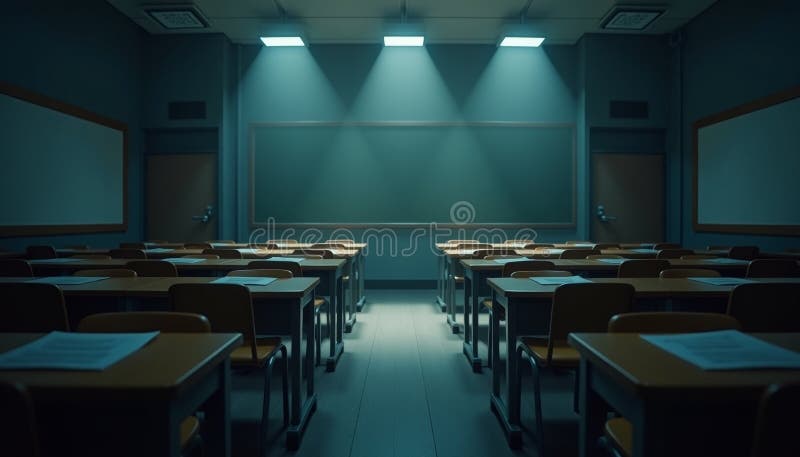 Exam Hall in Dark Mode, Serious Atmosphere Stock Image - Image of desks ...